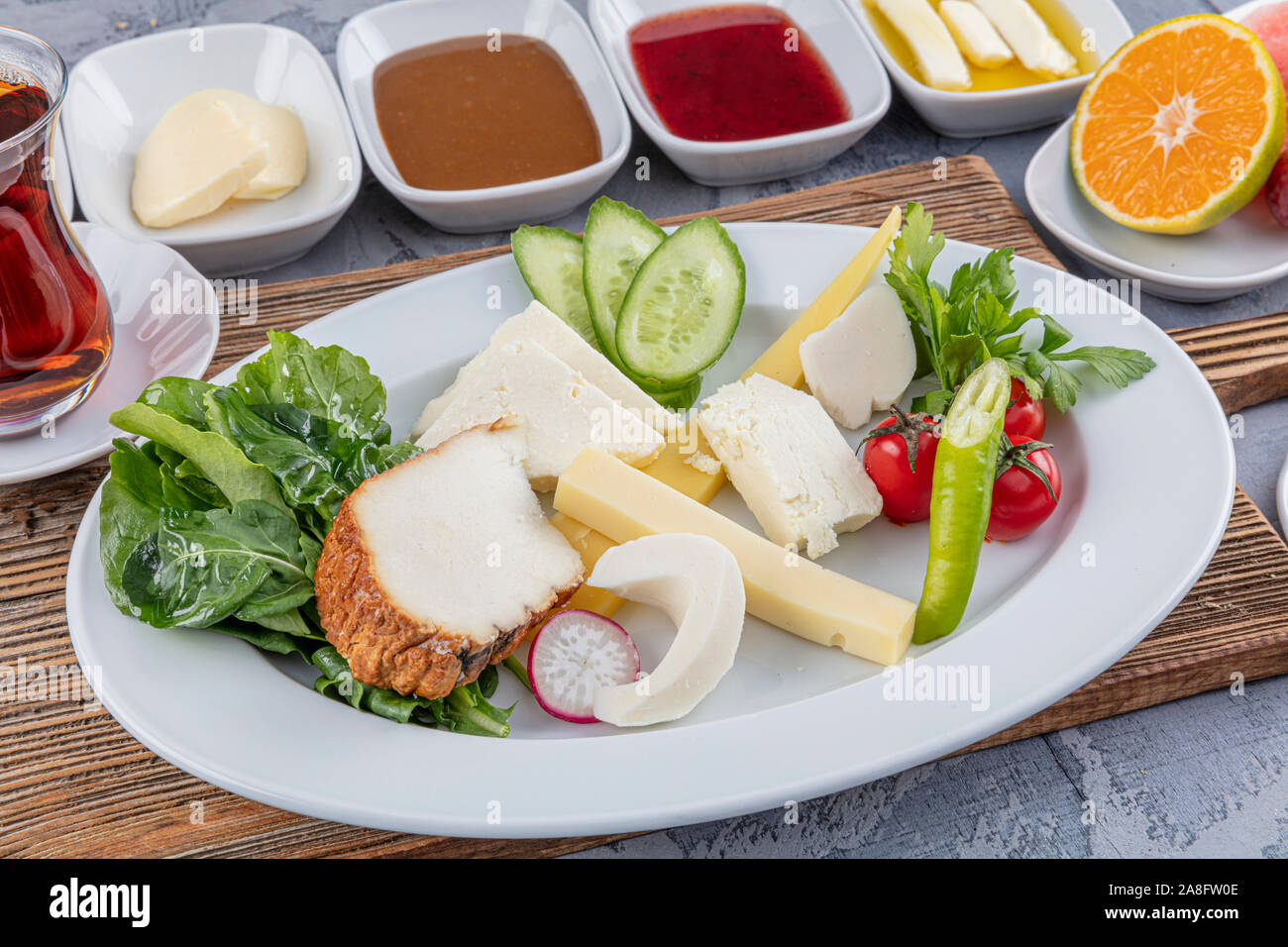 Turkish style breakfast; Traditional Turkish breakfast platter on the ...