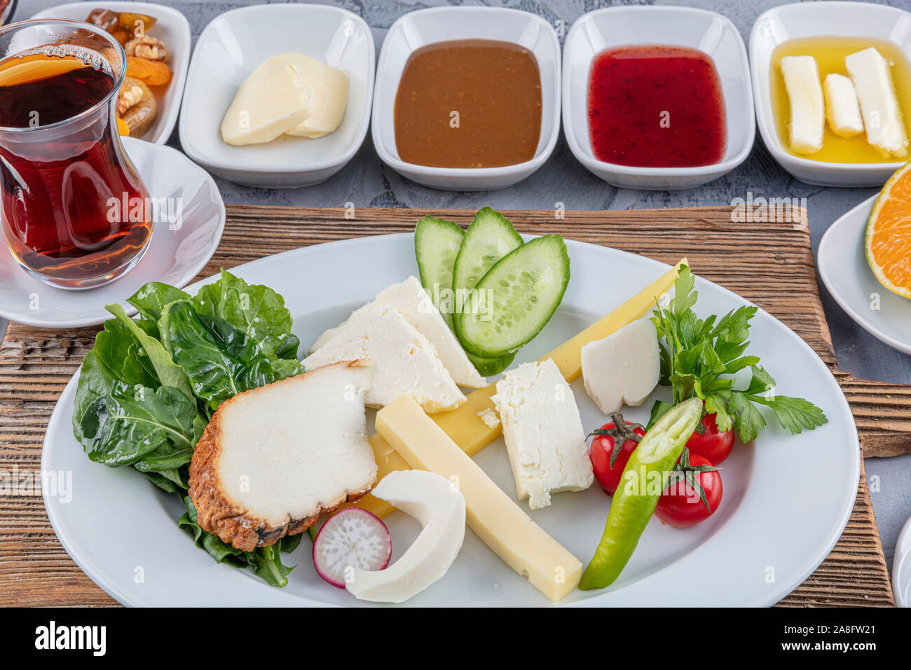 Turkish style breakfast; Traditional Turkish breakfast platter on the ...