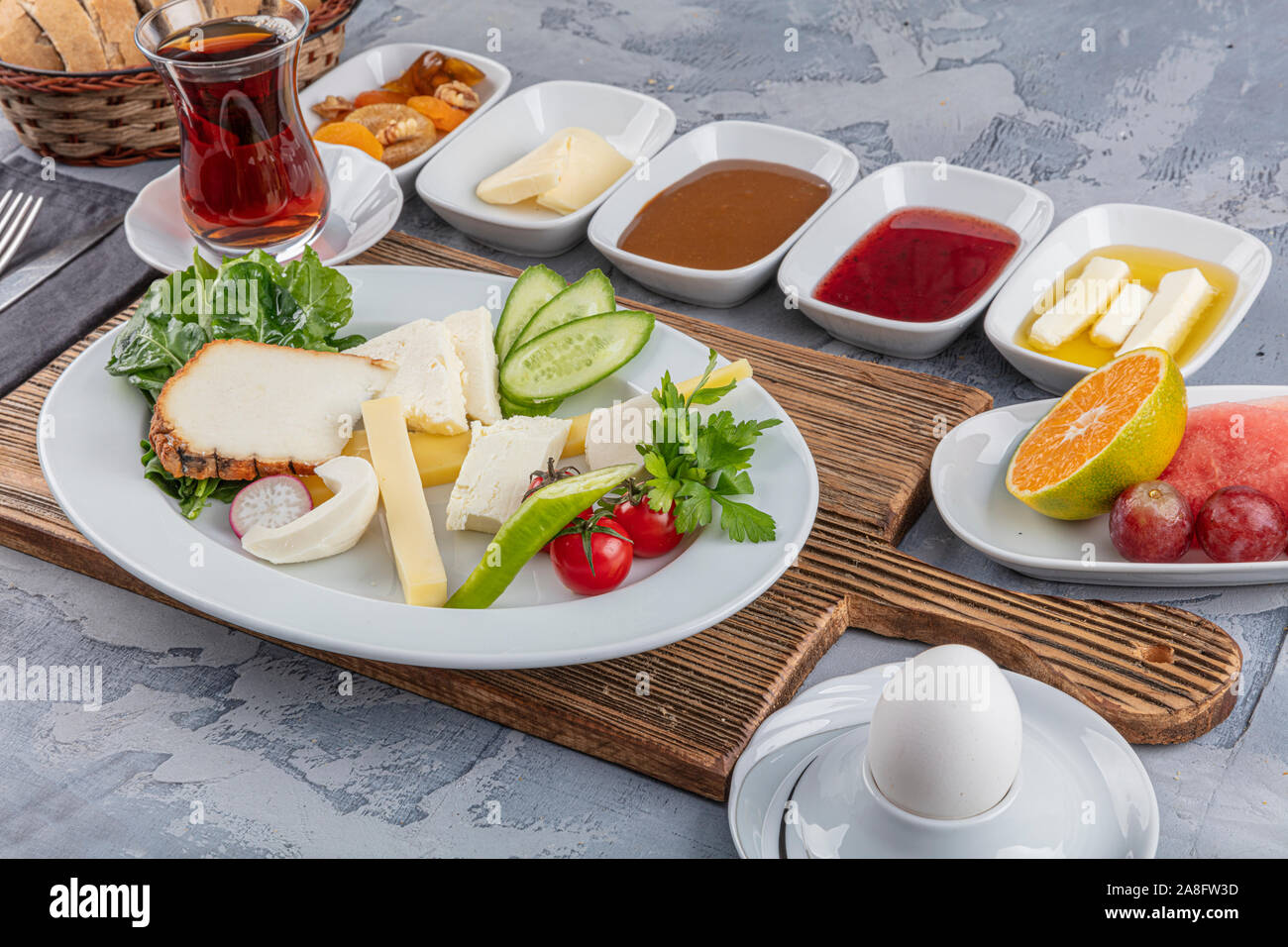 Turkish style breakfast; Traditional Turkish breakfast platter on the ...