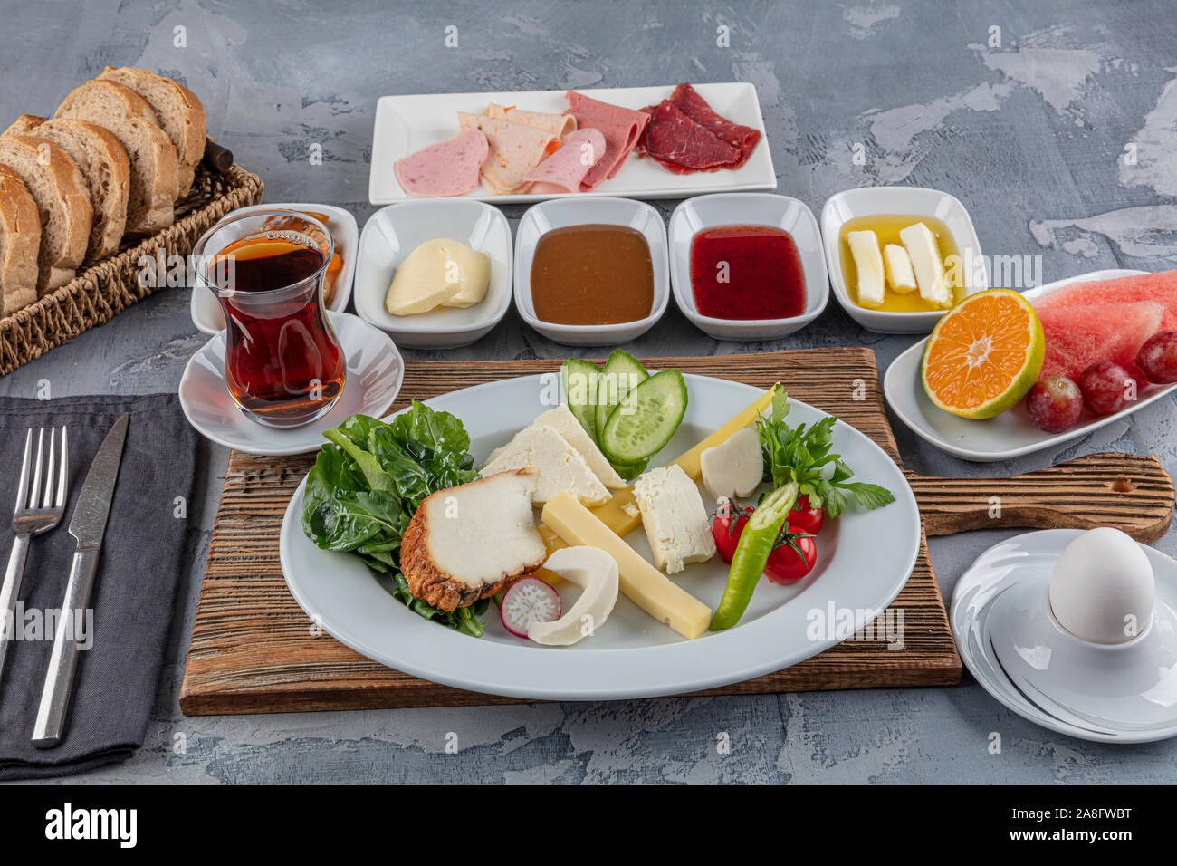 Turkish style breakfast; Traditional Turkish breakfast platter on the ...
