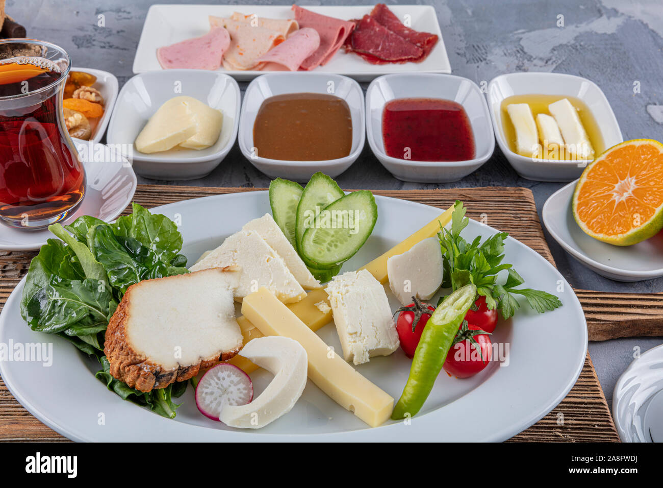 Turkish style breakfast; Traditional Turkish breakfast platter on the ...