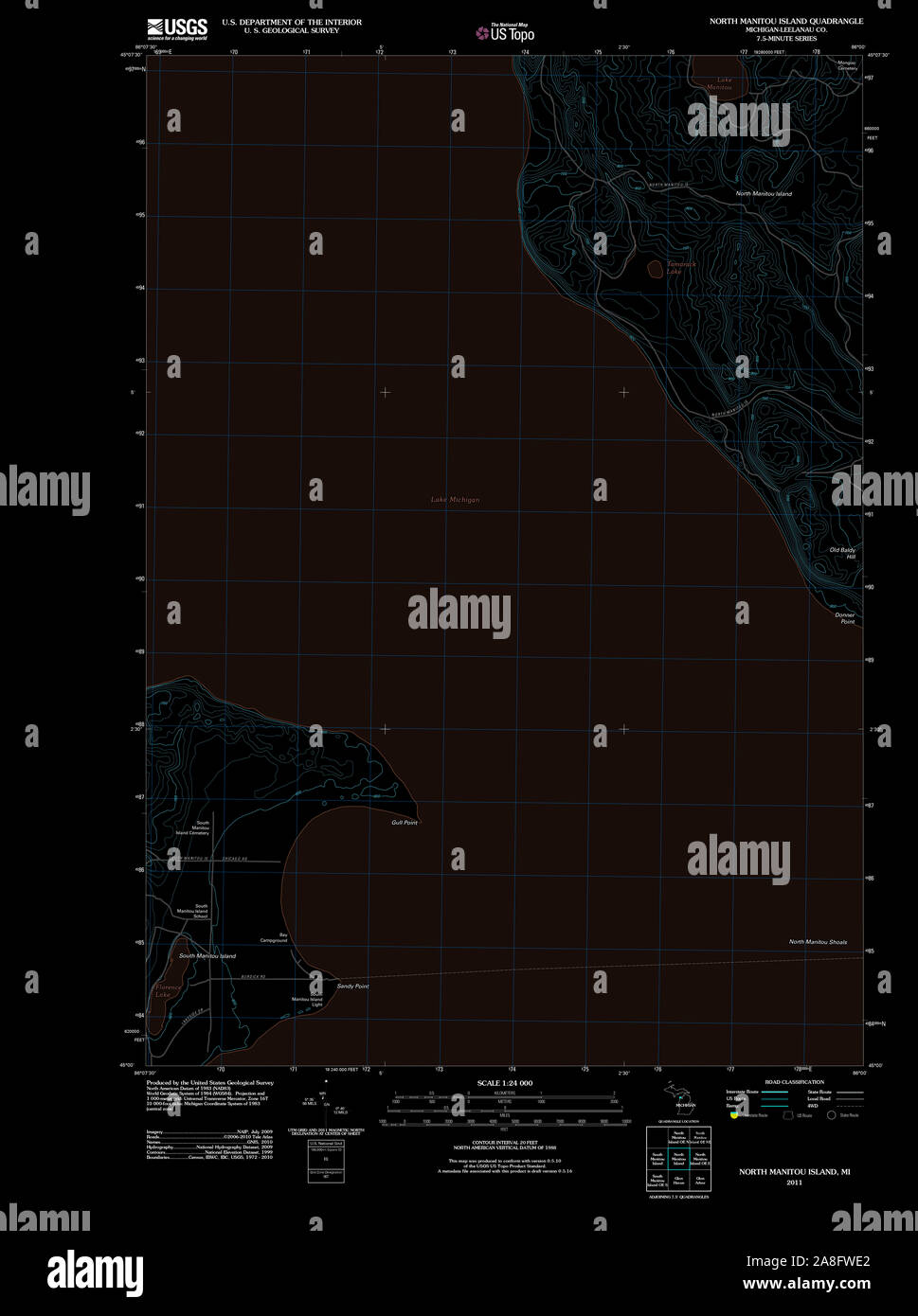 USGS TOPO Map Michigan MI North Manitou Island 20110926 TM Inverted ...