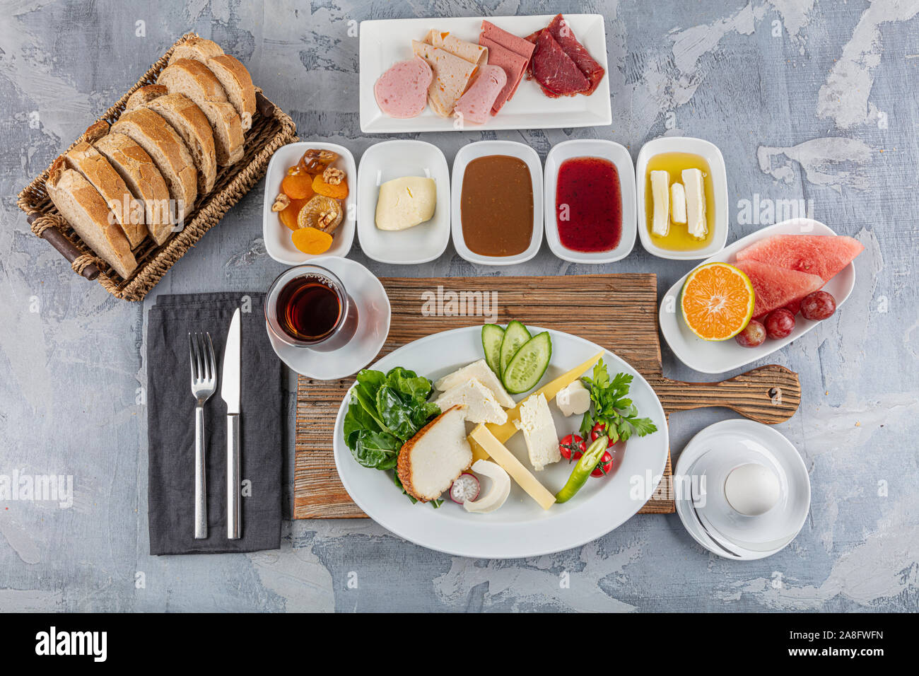 Turkish style breakfast; Traditional Turkish breakfast platter on the ...