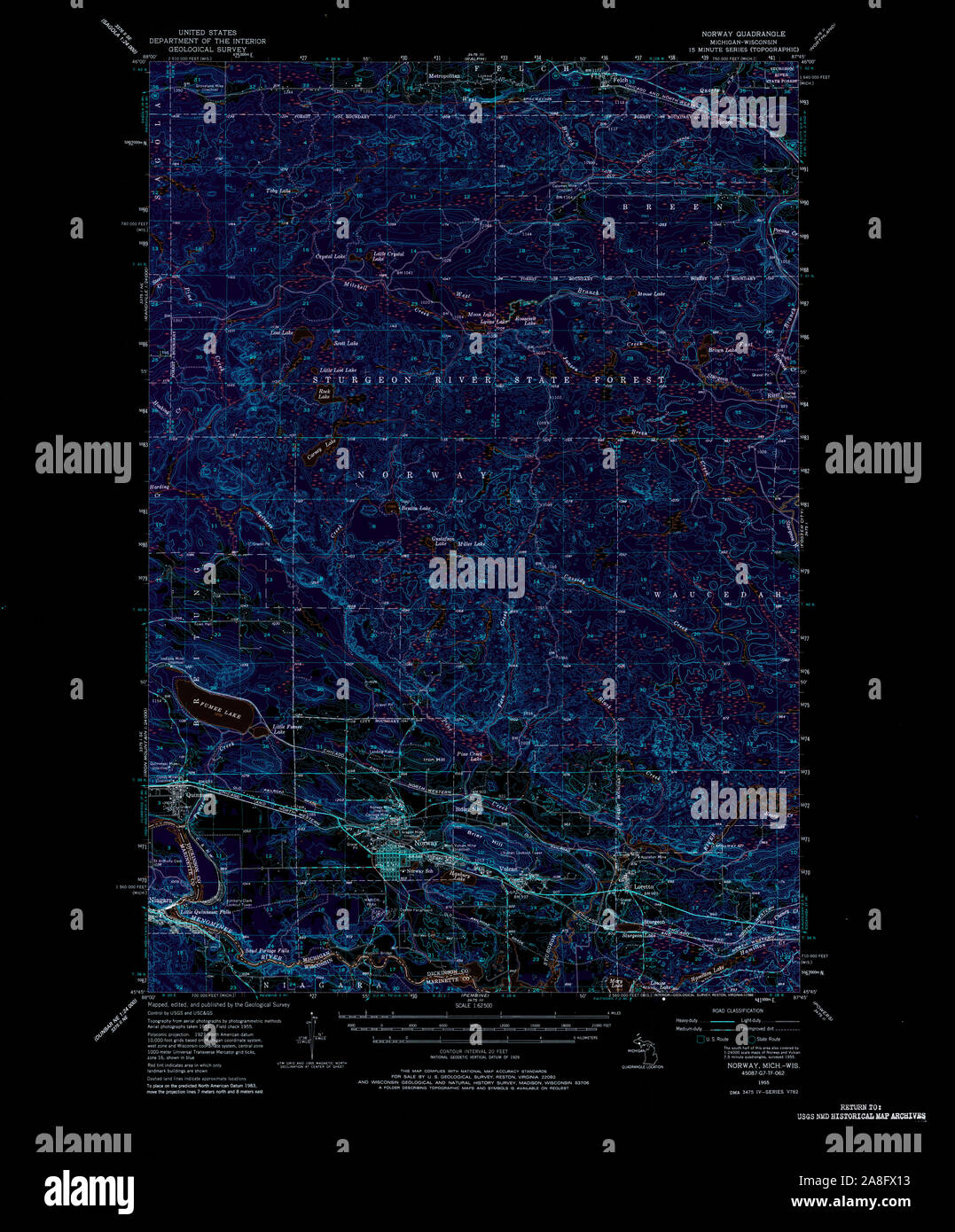 USGS TOPO Map Michigan MI Norway 278390 1955 62500 Inverted Stock Photo ...