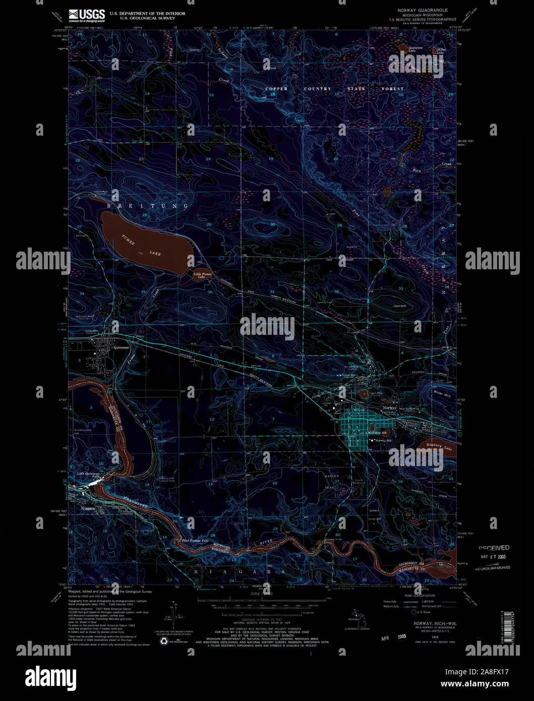 USGS TOPO Map Michigan MI Norway 276833 1955 24000 Inverted Stock Photo ...