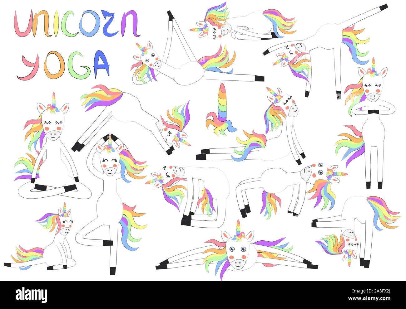Unicorn yoga, set of positions. Enlightenment, exercise, design ...
