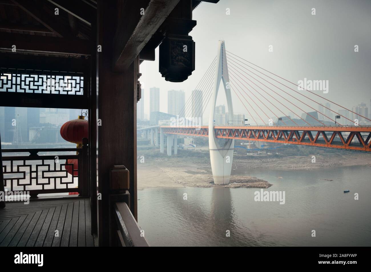 Hongyadong complex with bridge and city urban architecture in Chongqing ...