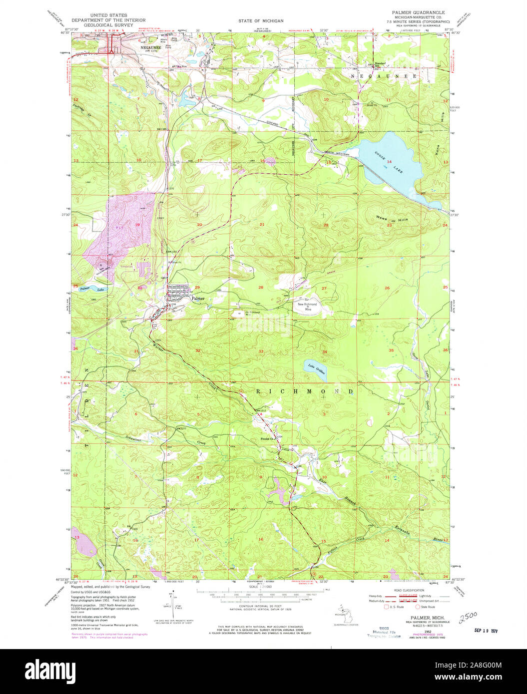 USGS TOPO Map Michigan MI Palmer 276904 1952 24000 Stock Photo - Alamy