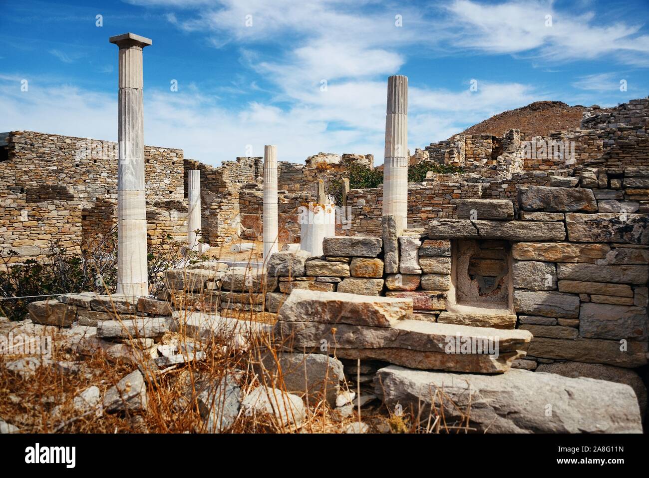 Pillars in historical ruins in Delos Island near Mikonos, Greece Stock ...