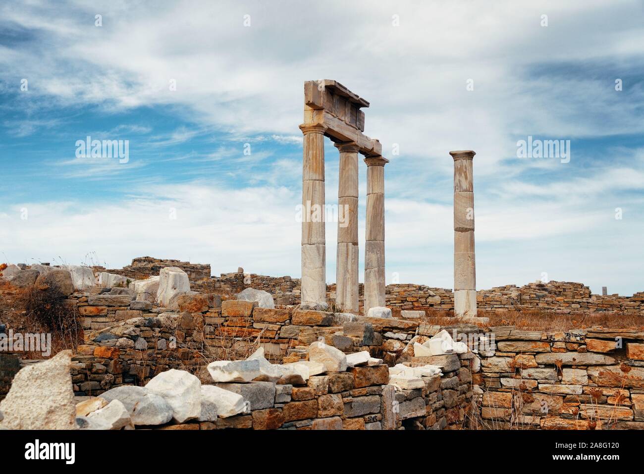 Pillars in historical ruins in Delos Island near Mikonos, Greece Stock ...