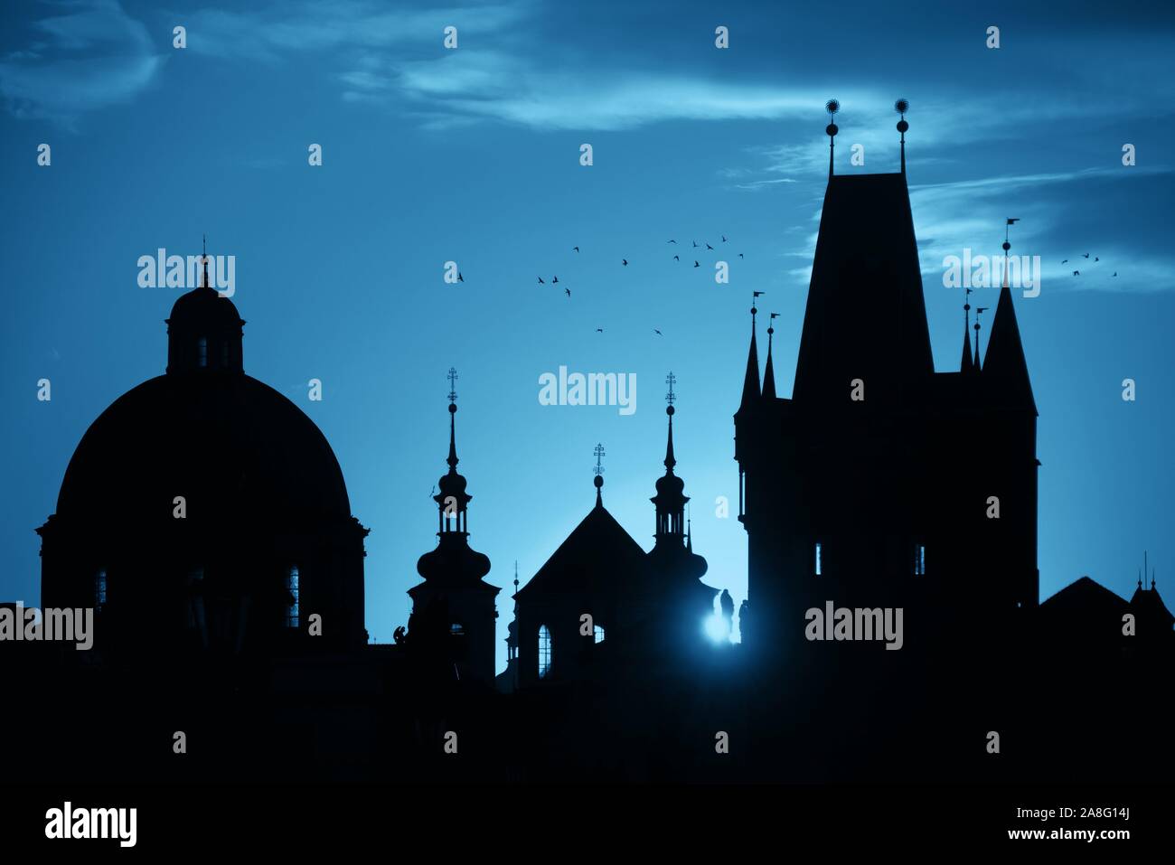 Silhouette of historical buildings in Prague Czech Republic at sunrise ...