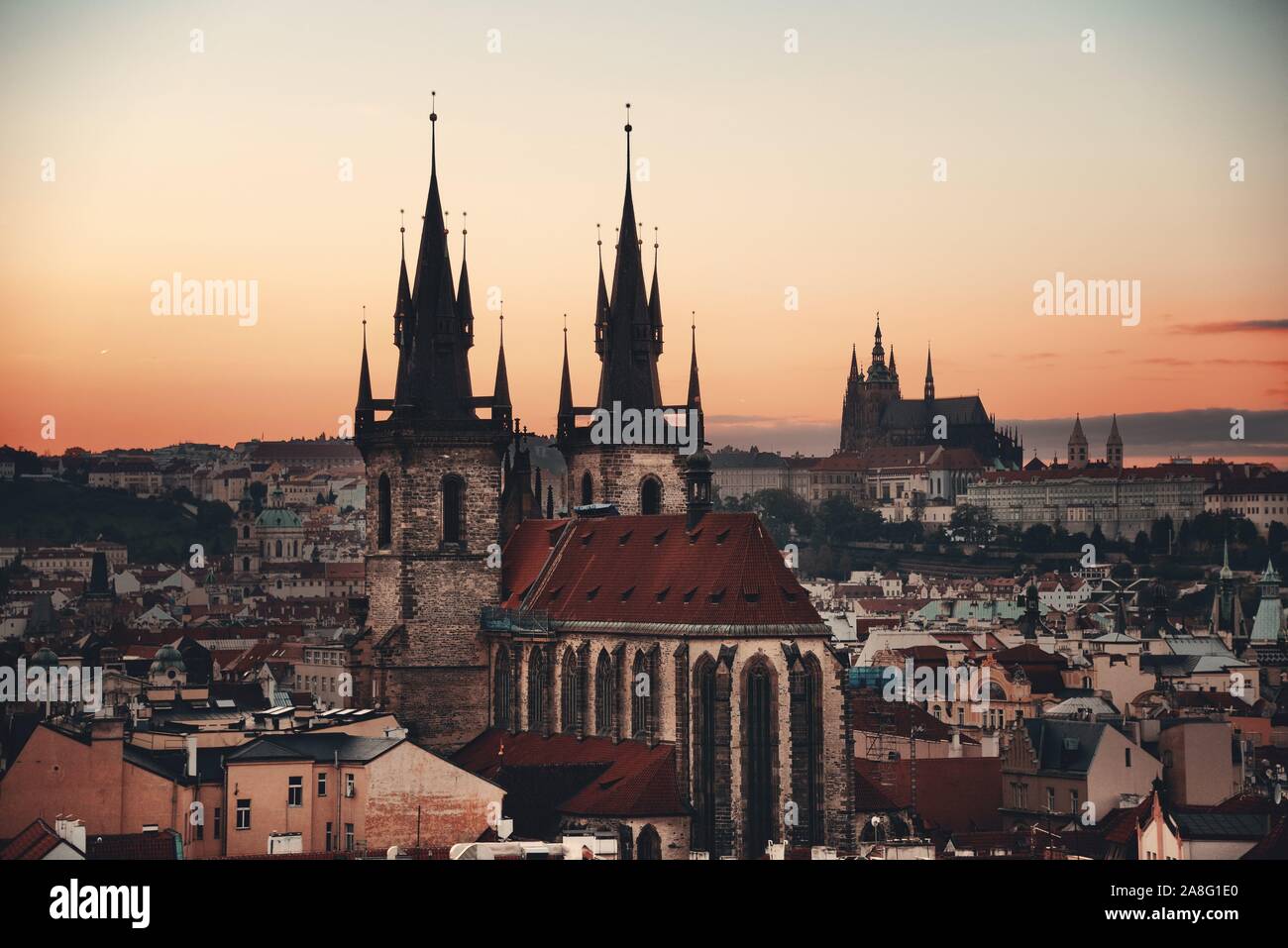 Church of Our Lady before Týn and Prague skyline rooftop view at sunset ...