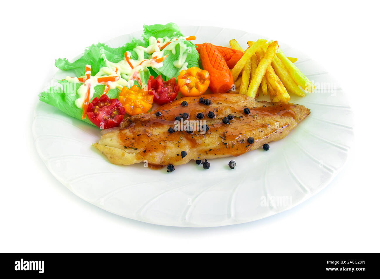 Grilled Fish Pangasius Fillet steak with barbecue sauce topped black ...