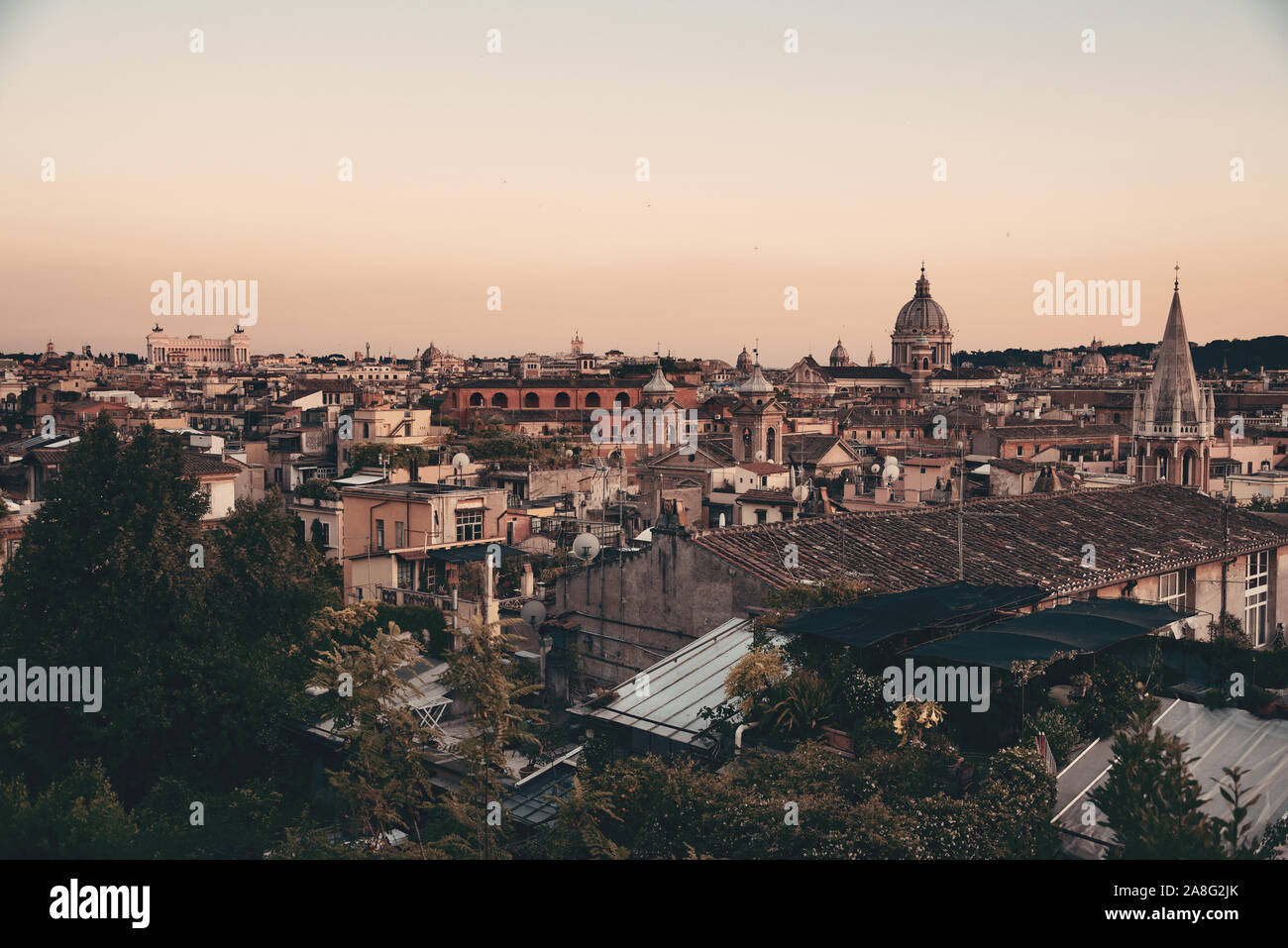 Rome rooftop view with ancient architecture in Italy at sunset moment ...