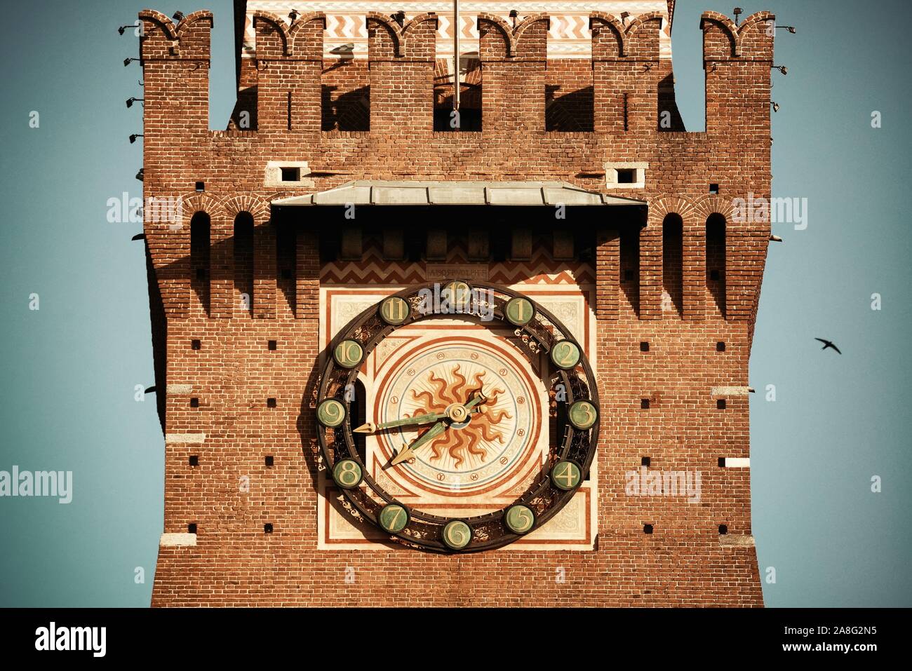 The bell tower closeup of Sforza Castle in Milan, Italy Stock Photo - Alamy