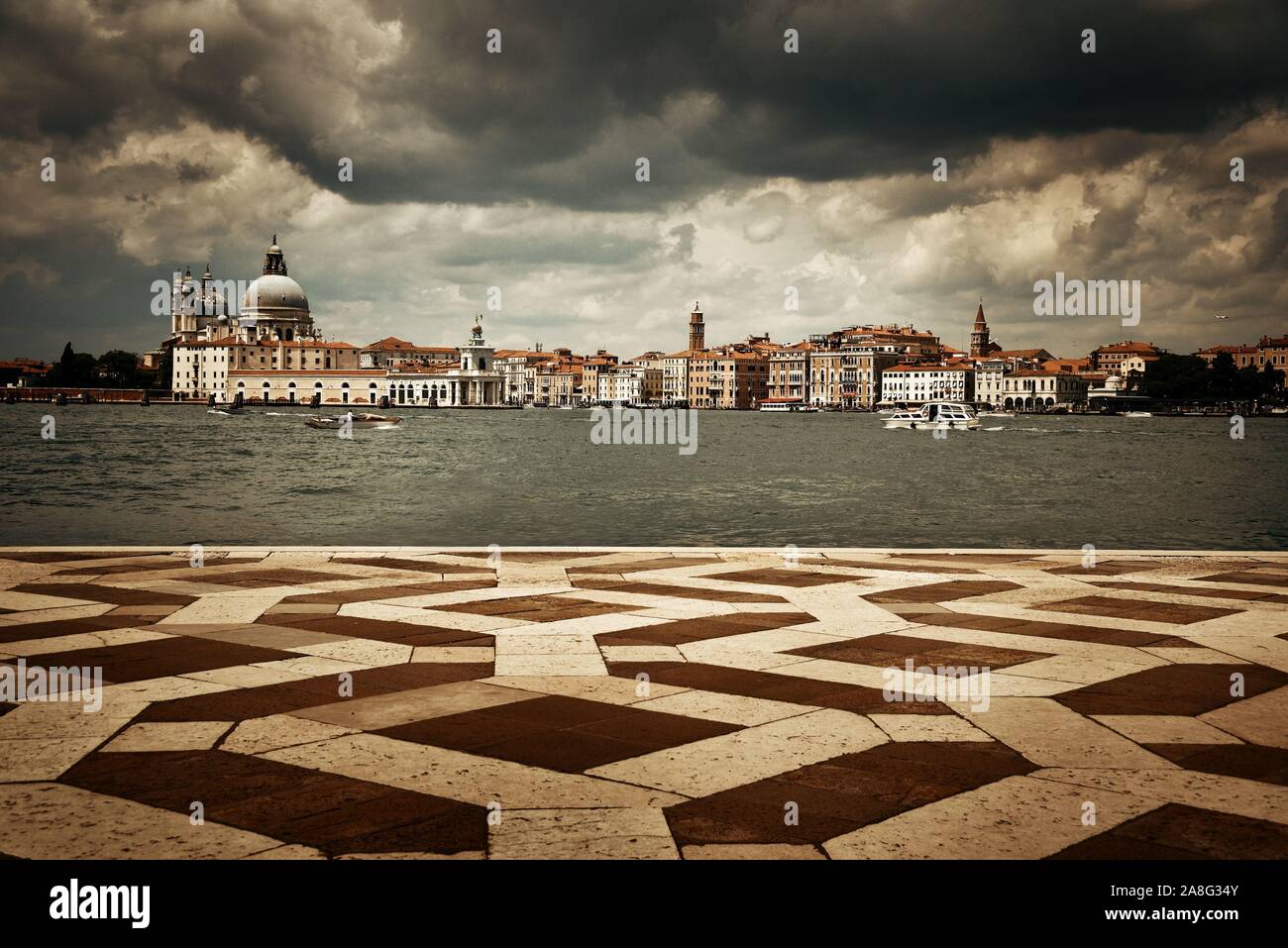 City skyline of Venice and ground pattern viewed from waterfront in ...