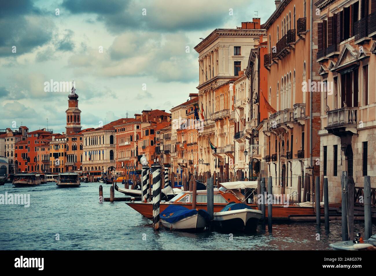 Venice canal view with tower and historical buildings. Italy Stock ...