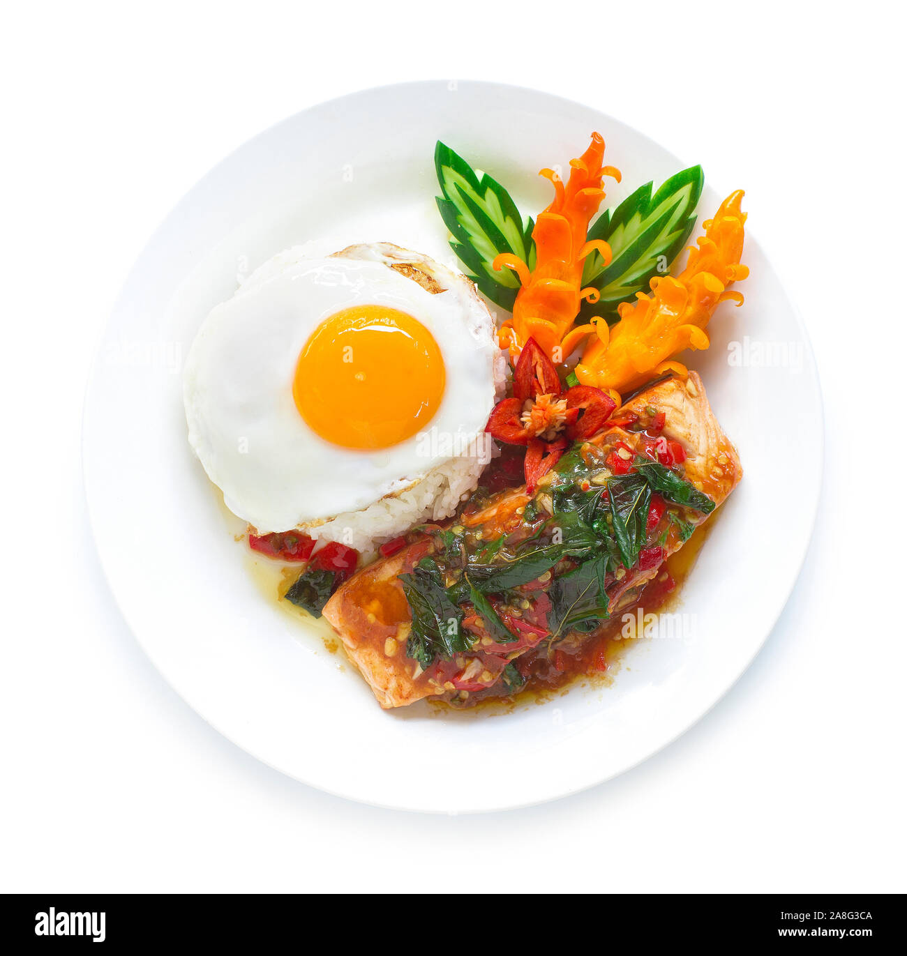 Salmon Stir fried Spicy Thai Basil hot sauce,Basil crispy with rice and ...