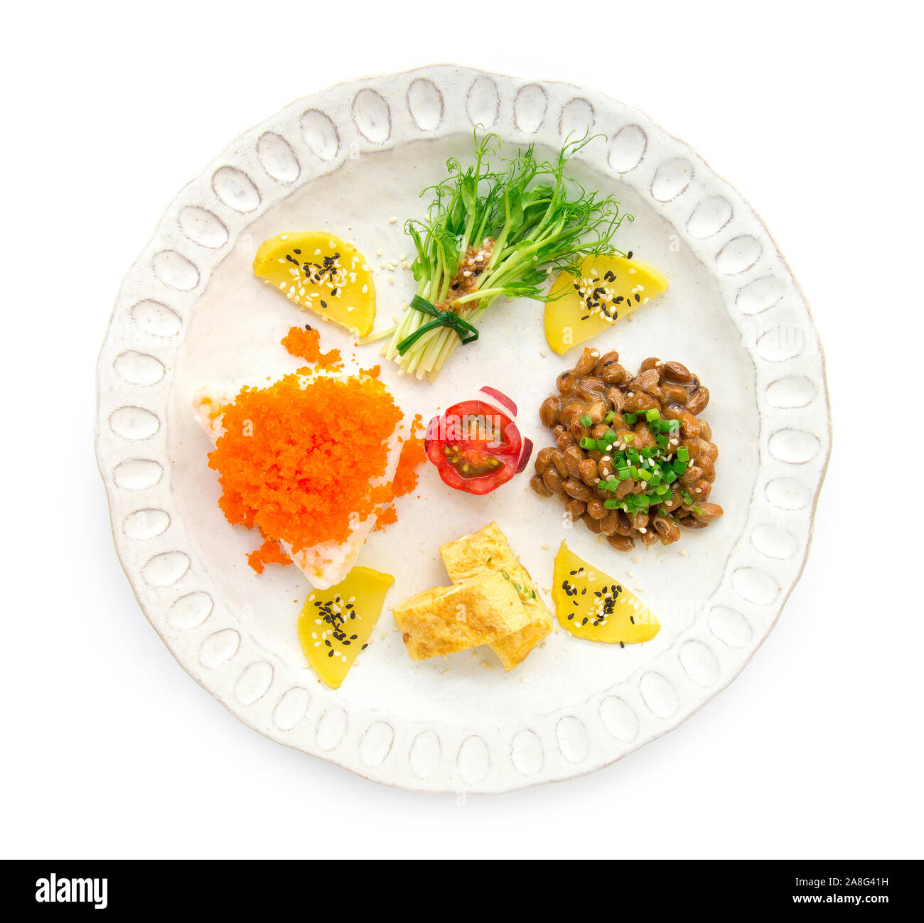 Breakfast set with rice or Onikiri on top tobiko egg from frying fish ...