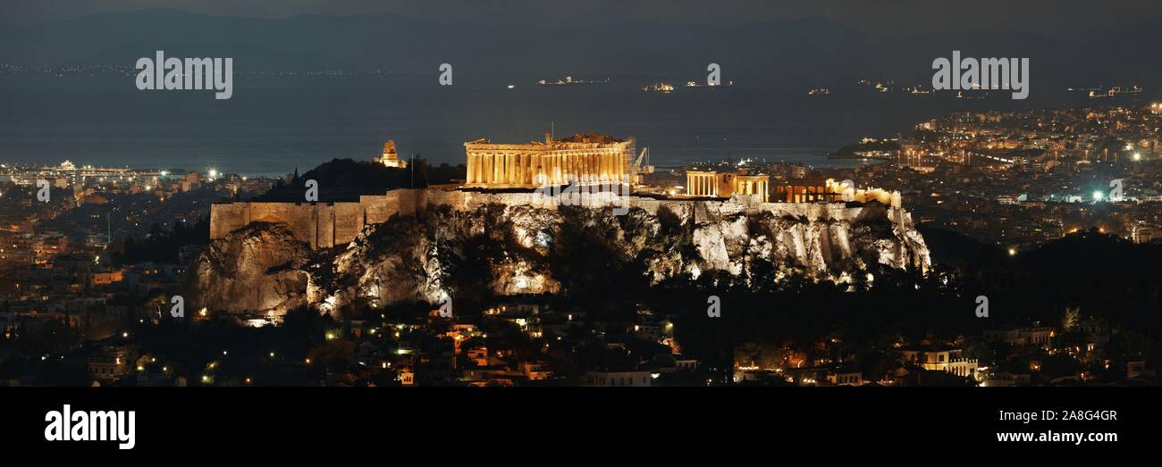 Acropolis historical ruins at night viewed from mountain, Greece Stock ...