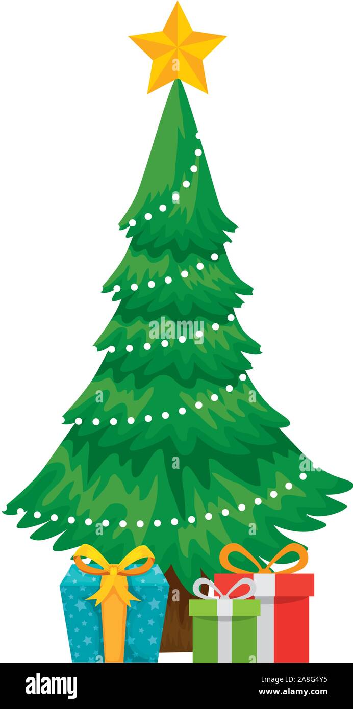 pine tree christmas with gift boxes isolated icon Stock Vector Image ...