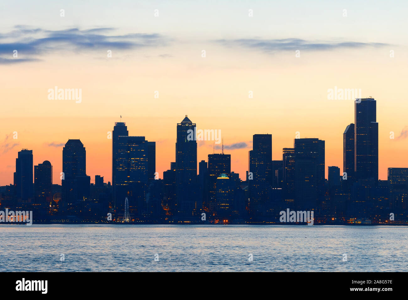Seattle sunrise skyline silhouette view with urban office buildings ...