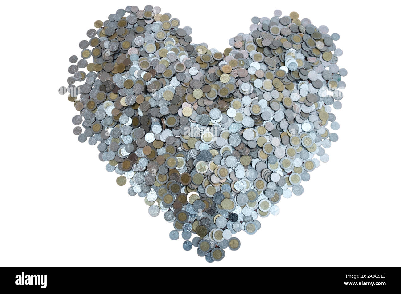 Thai Baht lots coin Arranged in heart shape on with white background ...