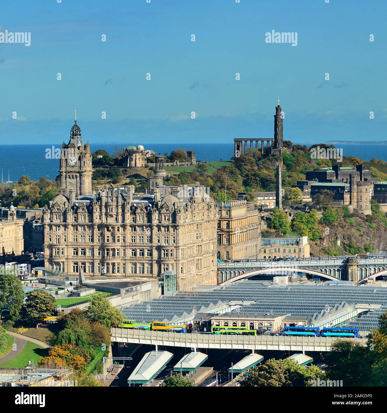 Edinburgh city rooftop view with historical architectures. United ...