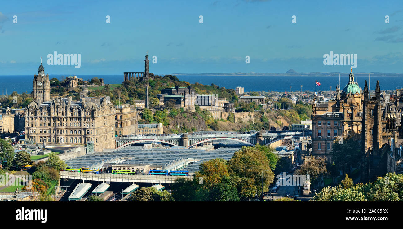 Edinburgh city rooftop view with historical architectures. United ...