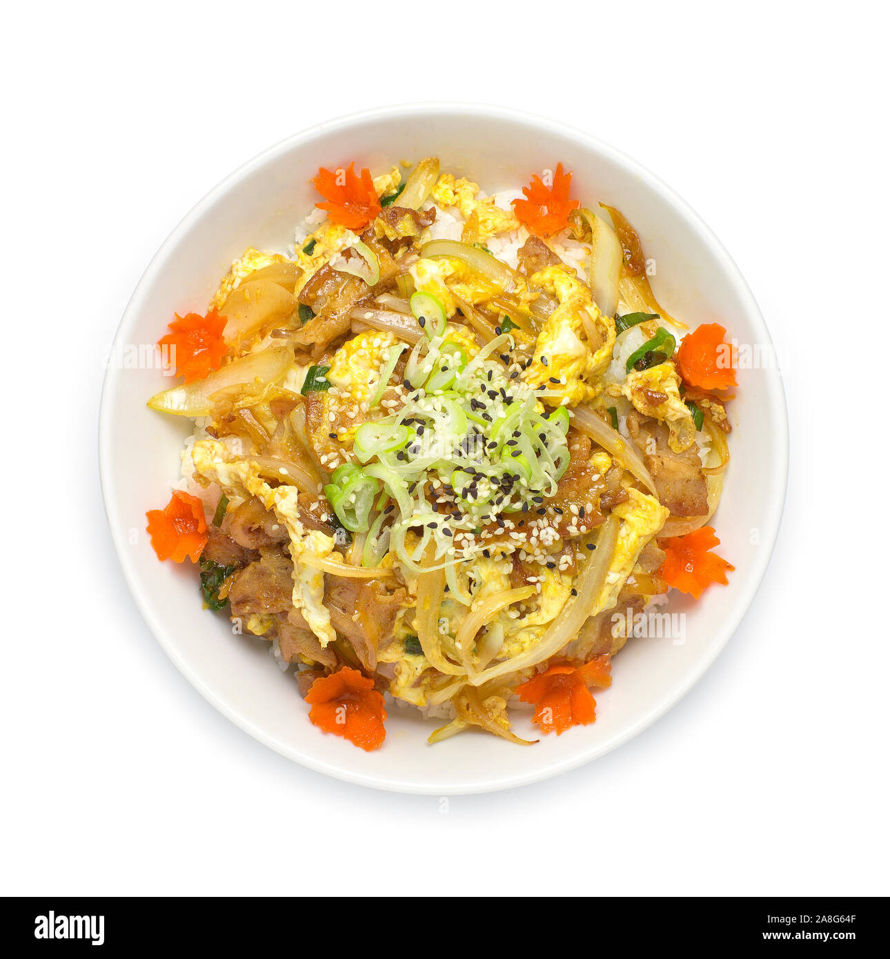 Butadon or Stir fried pork and egg on rice Japanese food fusion style ...