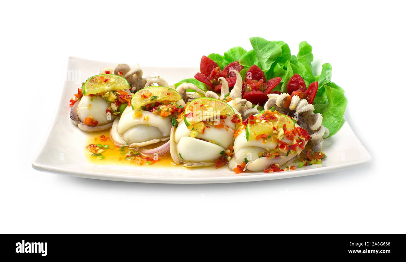 Squid Steamed in lime sauce with spicy chili Thai food fusion style ...