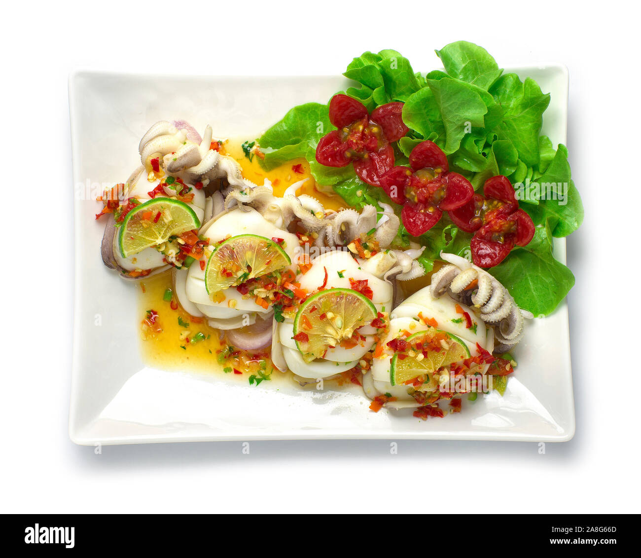 Squid Steamed in lime sauce with spicy chili Thai food fusion style ...