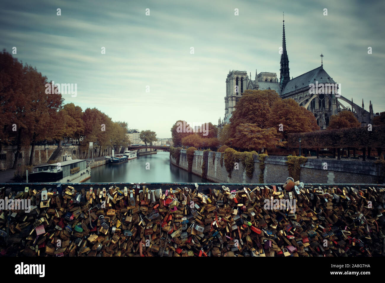 Paris River Seine with Notre-Dame cathedral and padlock in France Stock ...