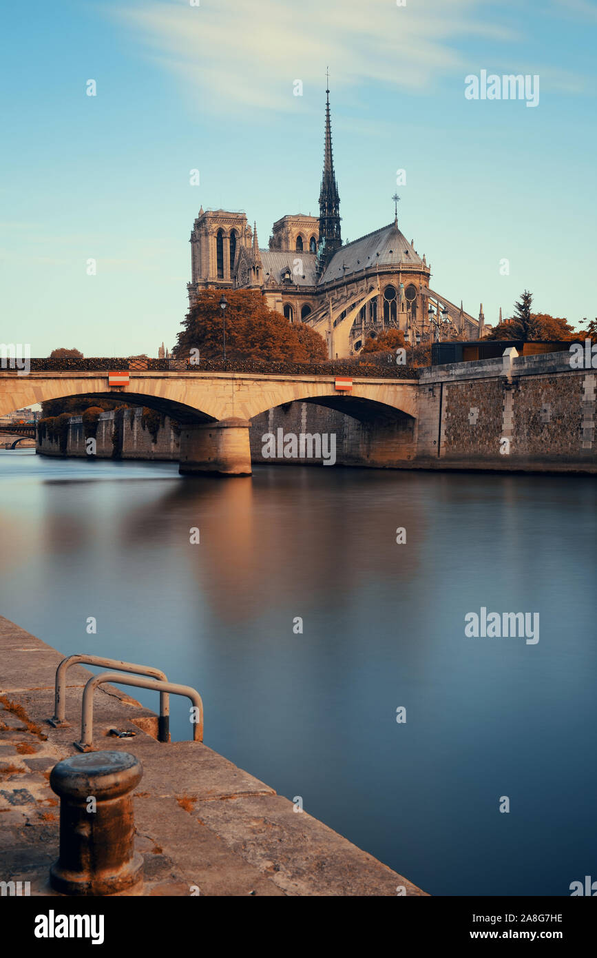 Paris River Seine with Notre-Dame cathedral and bridge in France Stock ...