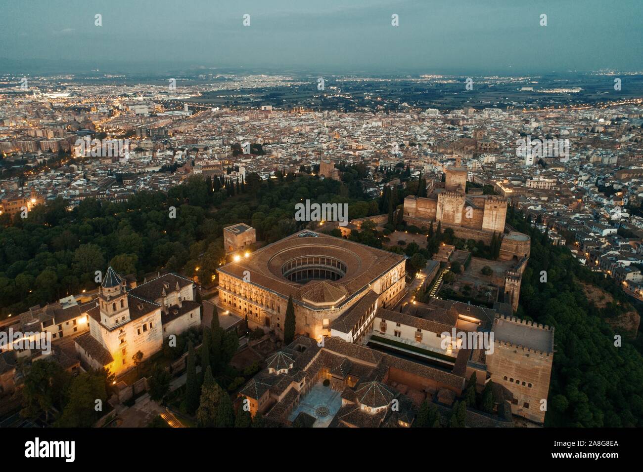 Alhambra aerial view at night with historical buildings in Granada ...