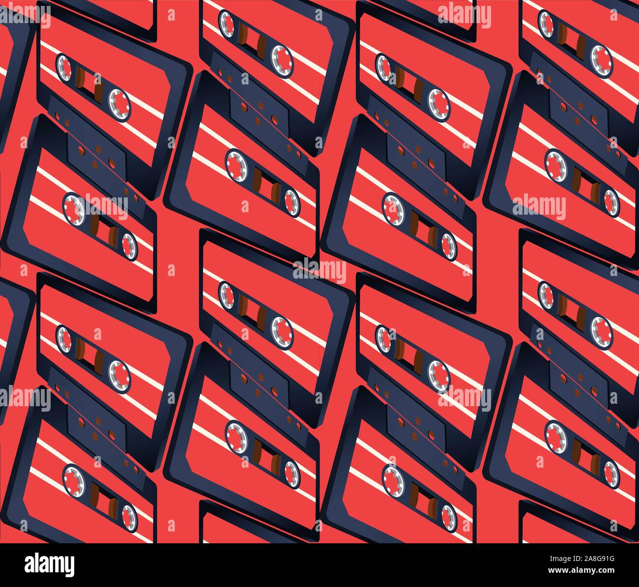 Compact cassette seamless pattern with floating or flying tape in ...