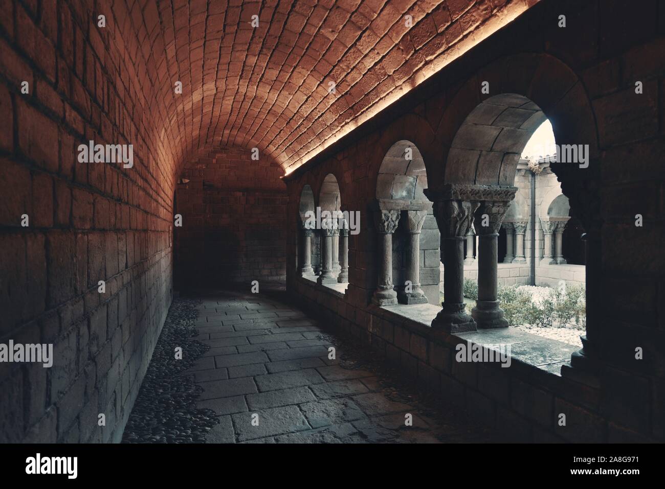 Hallway in Romanesque monastery in village in Pueblo Espanol Barcelona ...