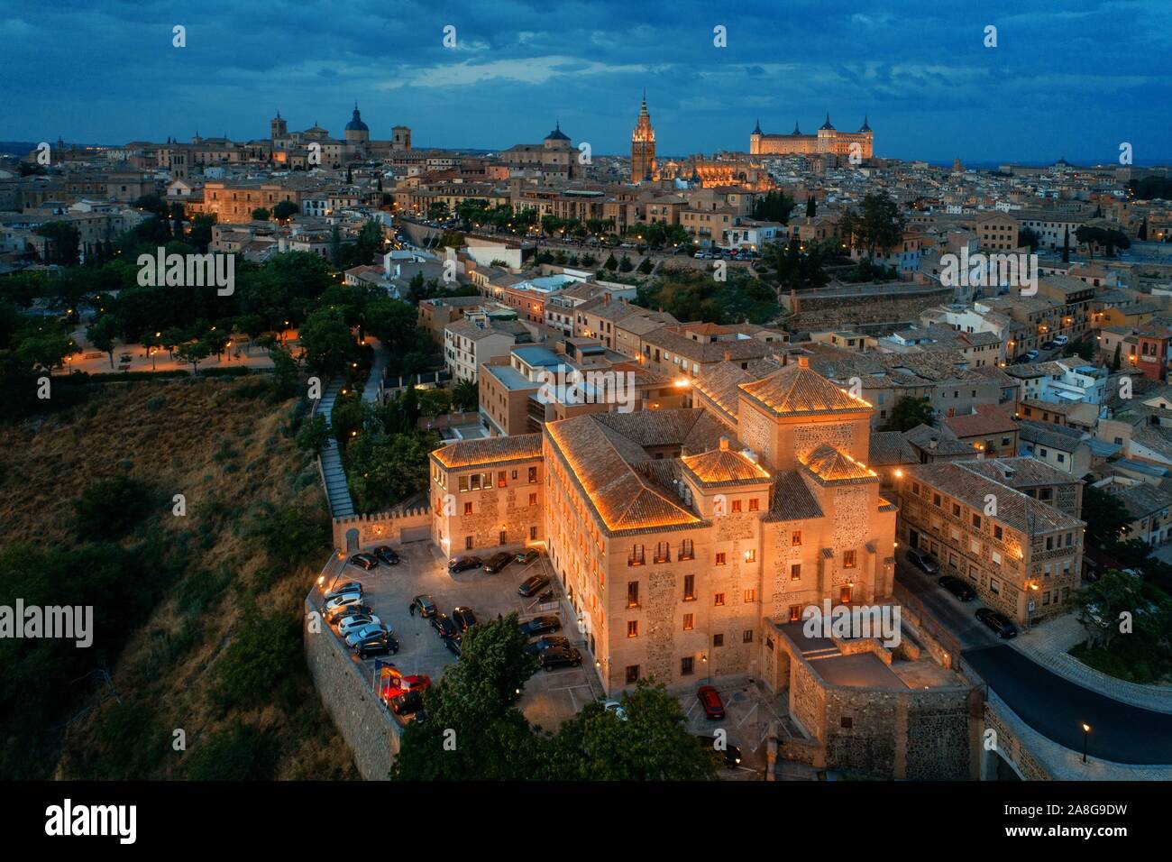 Aerial view of Toledo town skyline with historical buildings at night ...
