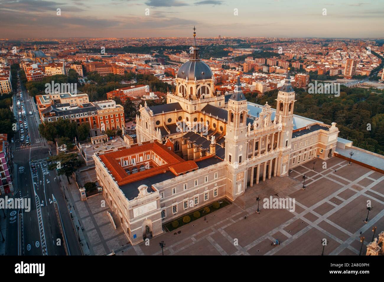 Aerial view of Catedral de la Almudena (Almudena Cathedral) at sunrise ...