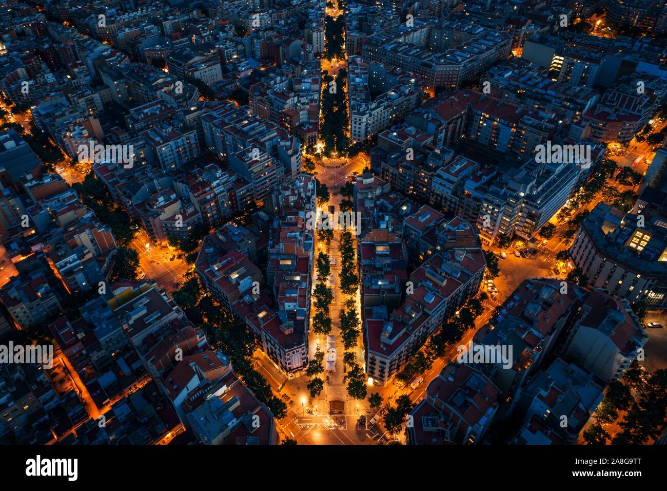 Barcelona street night aerial view with beautiful patterns in Spain ...