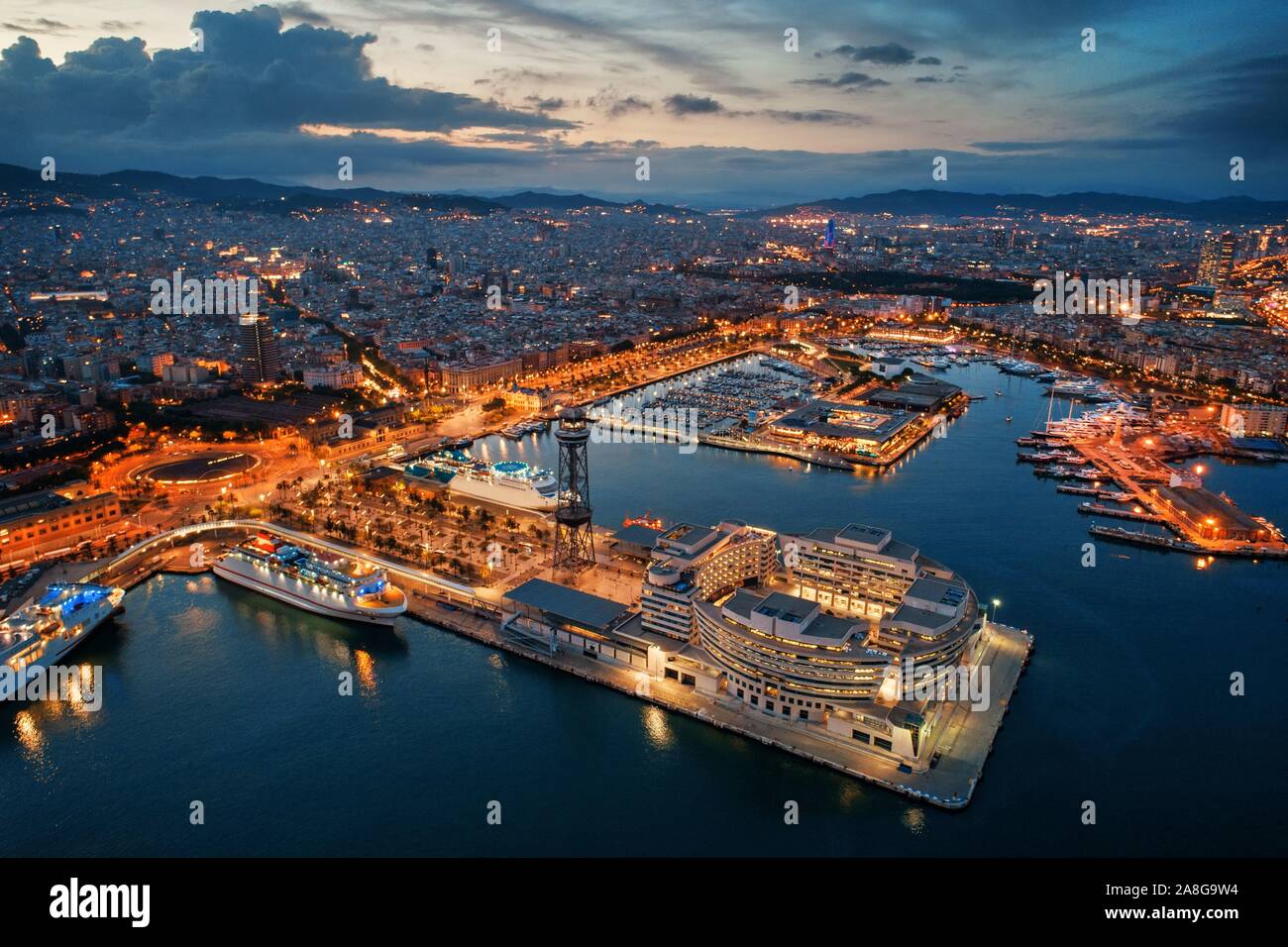 Barcelona coast pier aerial view at night in Spain Stock Photo - Alamy