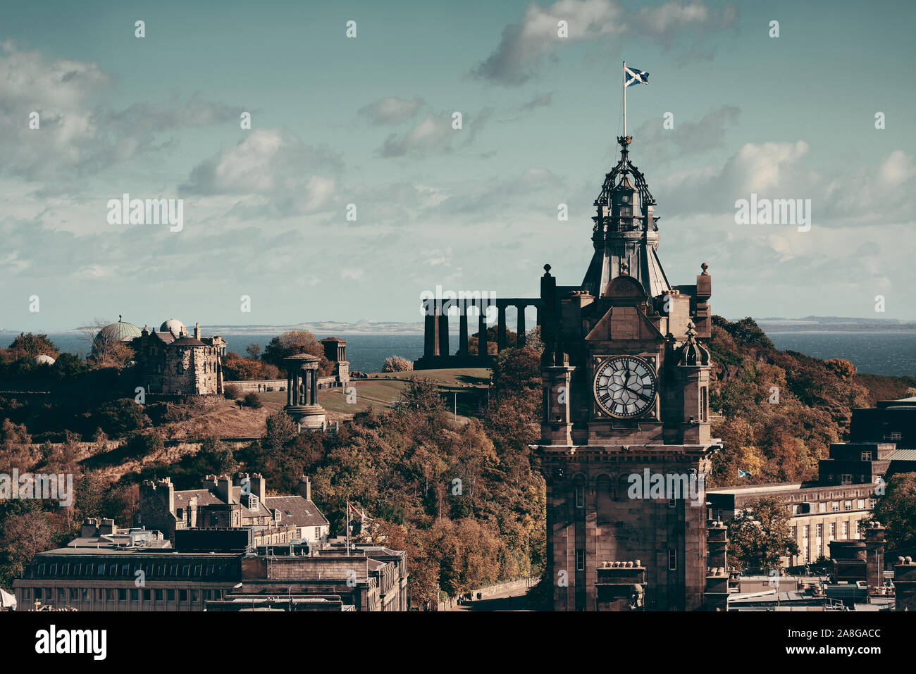 Edinburgh city rooftop view with historical architectures. United ...