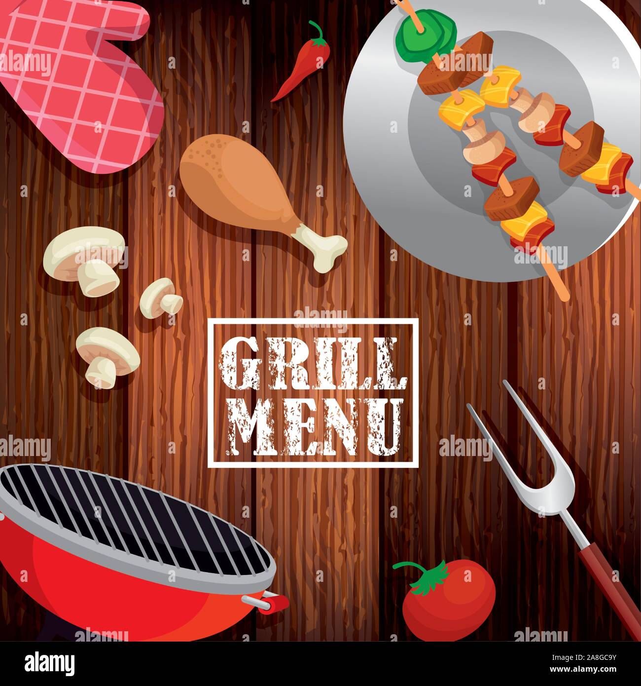 grill menu with delicious food in wooden background Stock Vector Image ...