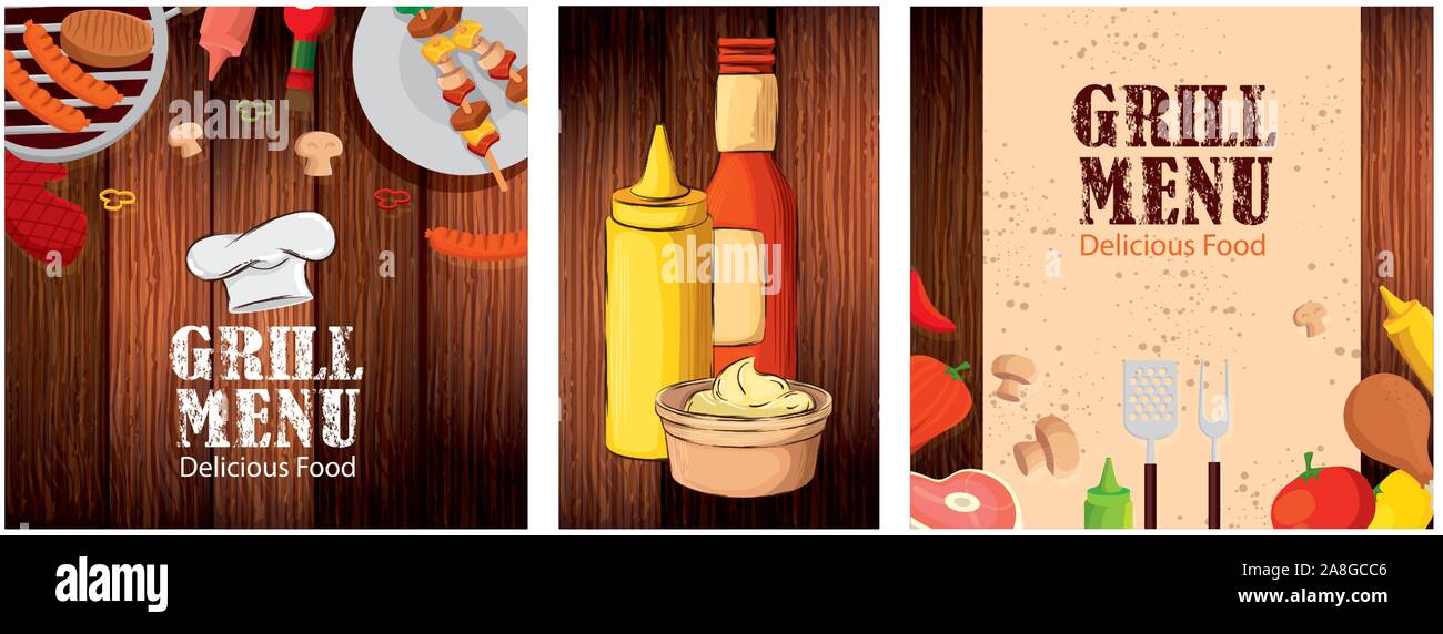 set poster of grill menu with delicious food in wooden background Stock ...