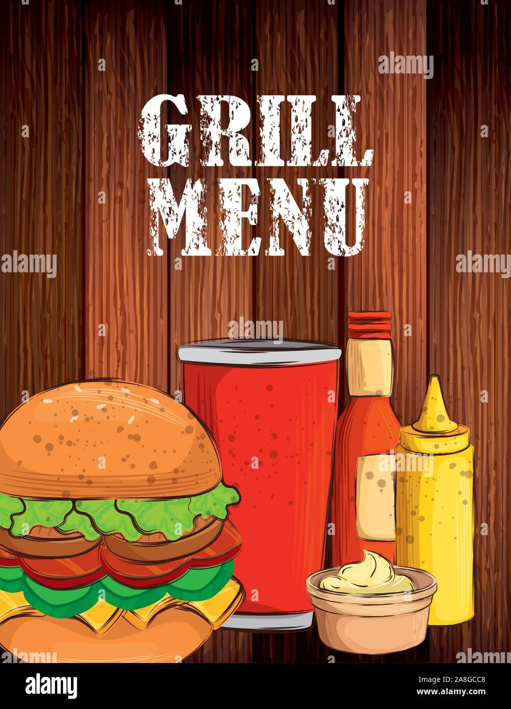grill menu with delicious hamburger in wooden background Stock Vector ...