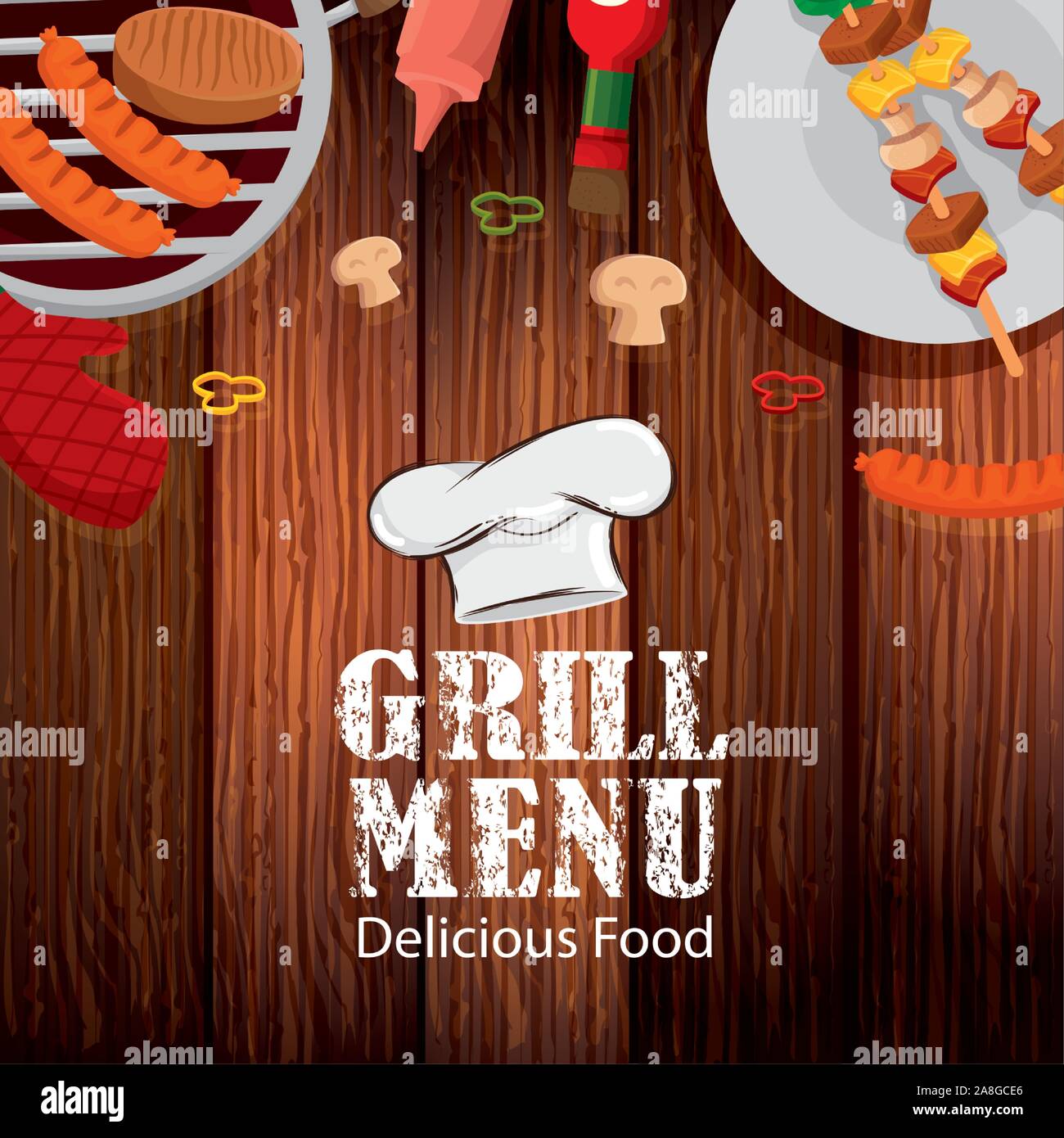 grill menu with delicious food in wooden background Stock Vector Image ...