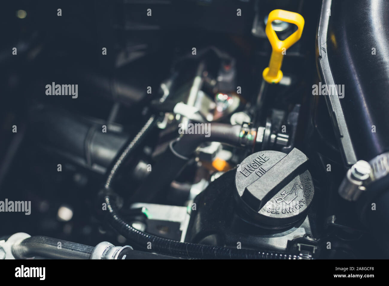 Close up shot of car engine for background,Cover engine oil in engine ...