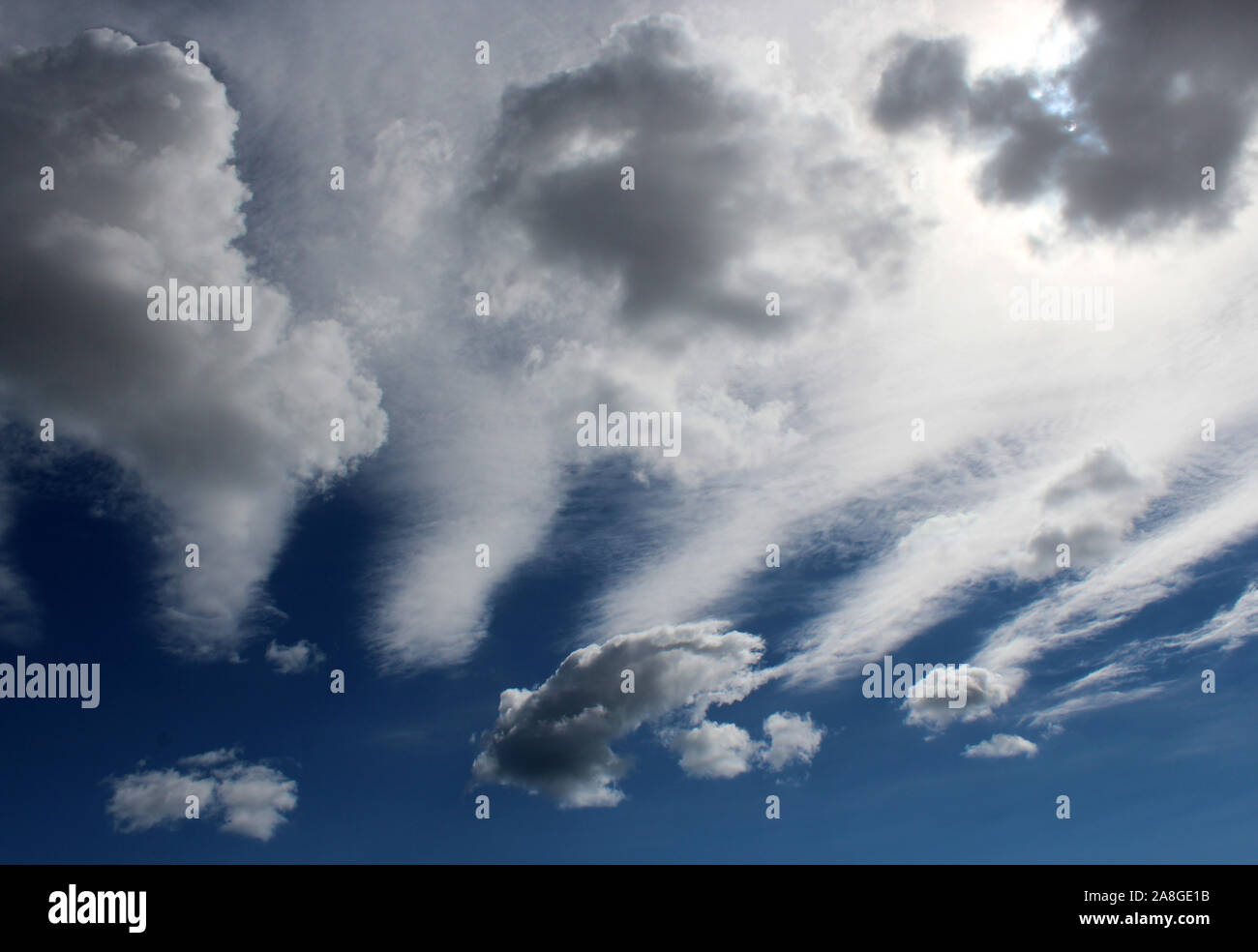 Fluffy white cumulus clouds with cumulostratus formations on a spring ...