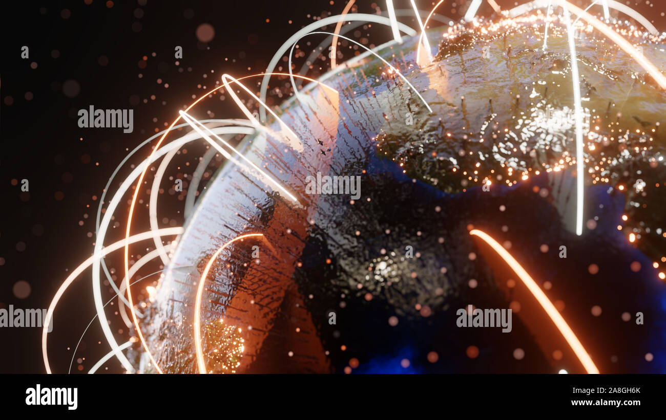 Connection curves and dots around Earth globe, Futuristic technology ...