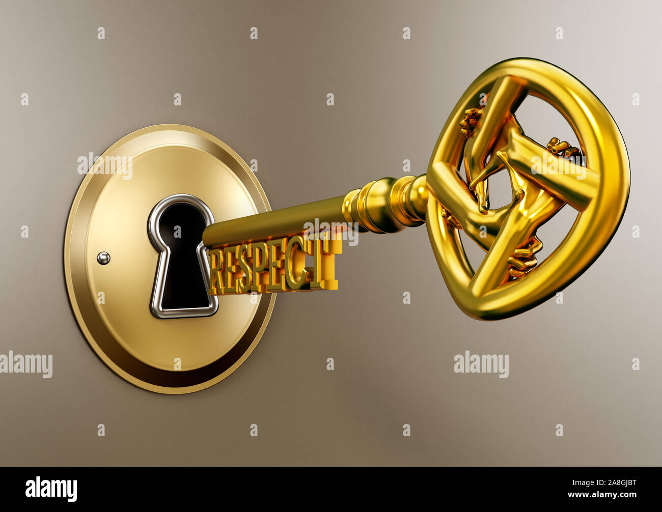 Respect key with holding hands entering keyhole. 3D illustration Stock ...